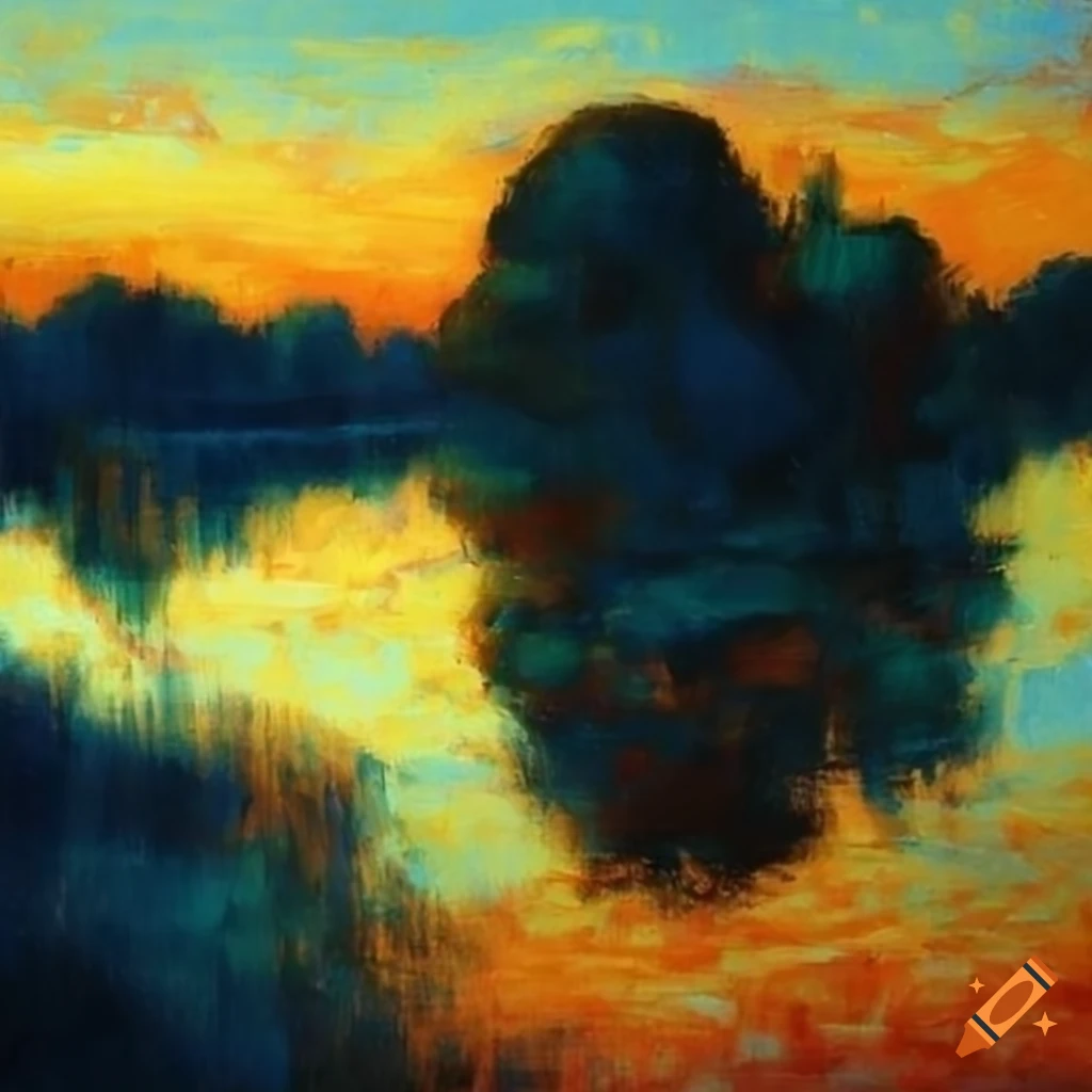 Abstract painting of trees and river reflection on Craiyon