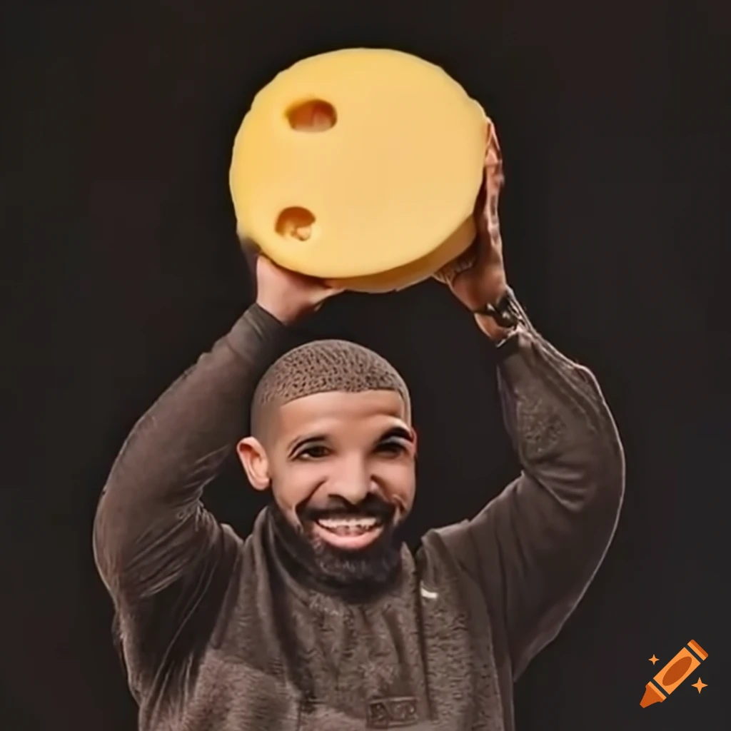 Drake with a cheese head and holding a wheel of cheese on Craiyon