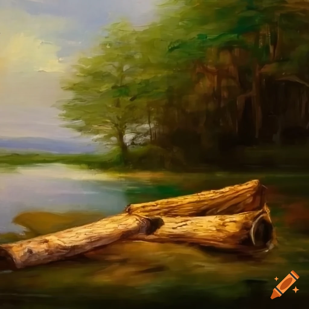 Oil painting of a tranquil river with floating logs on Craiyon