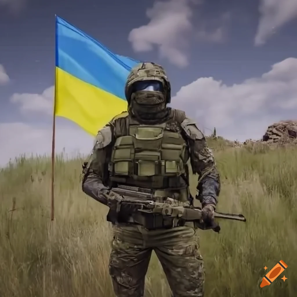 Portrait of ukrainian sci-fi soldiers holding the flag on Craiyon