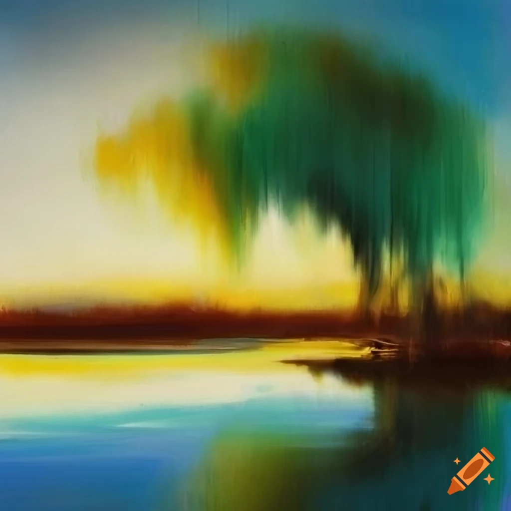 Abstract painting of a river shore with trees and reflections on Craiyon