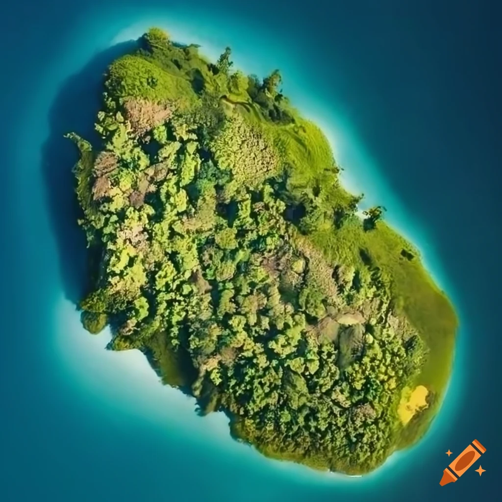 Aerial view of an island with forests and hills on Craiyon