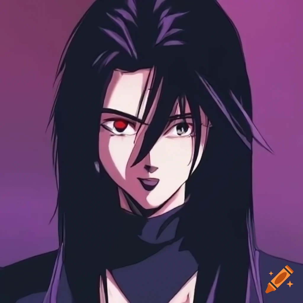 Anime boy with long dark hair in 80s style