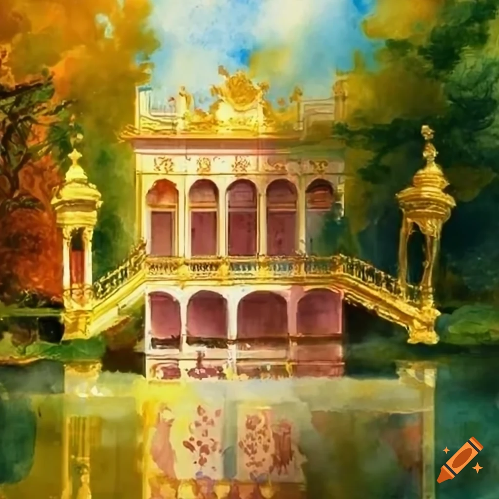 Watercolor of a Victorian garden with a golden rococo balcony on Craiyon