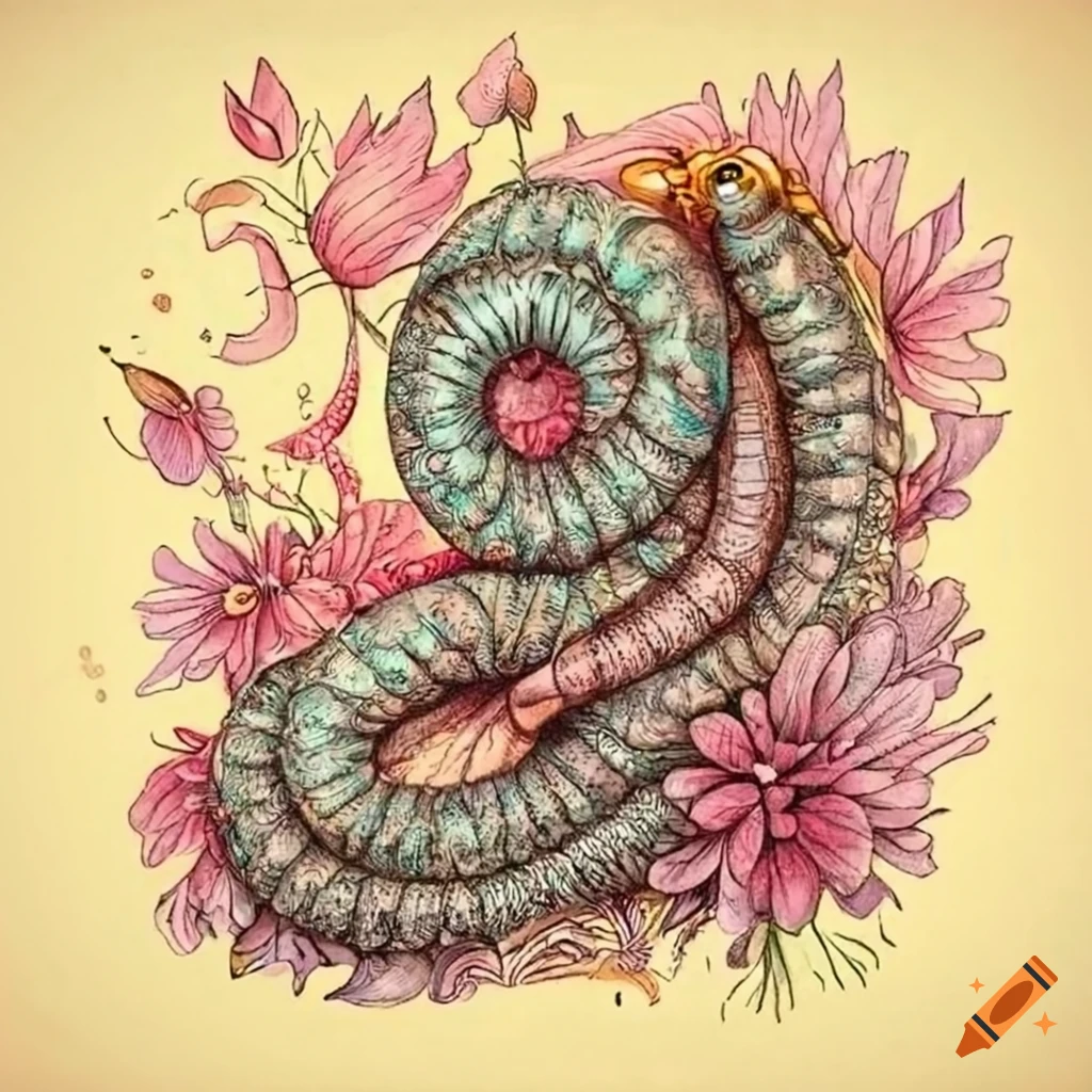 Detailed drawing of a bookworm surrounded by flowers