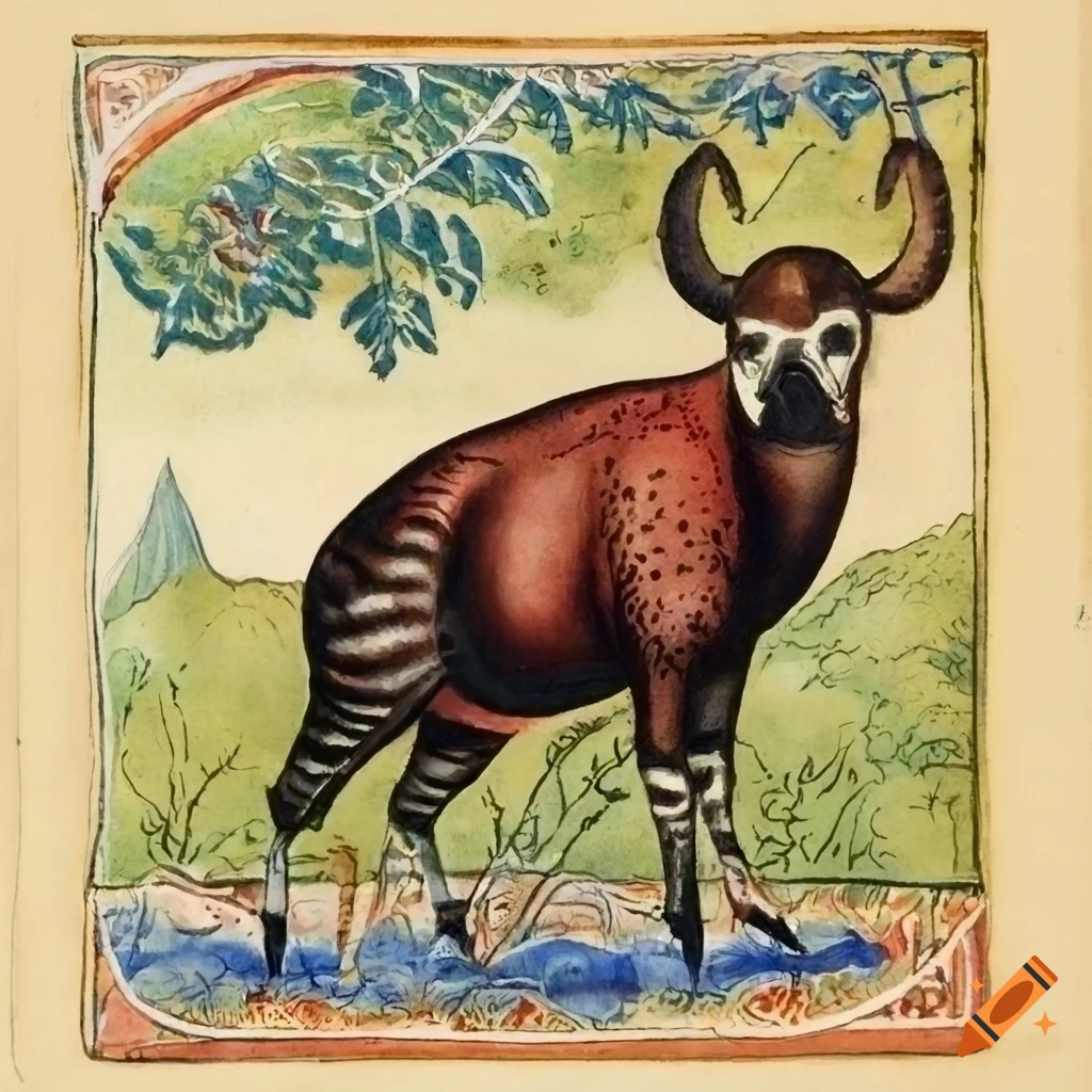 Color pen and ink illustration of a tapir-okapi hybrid in a lush ...