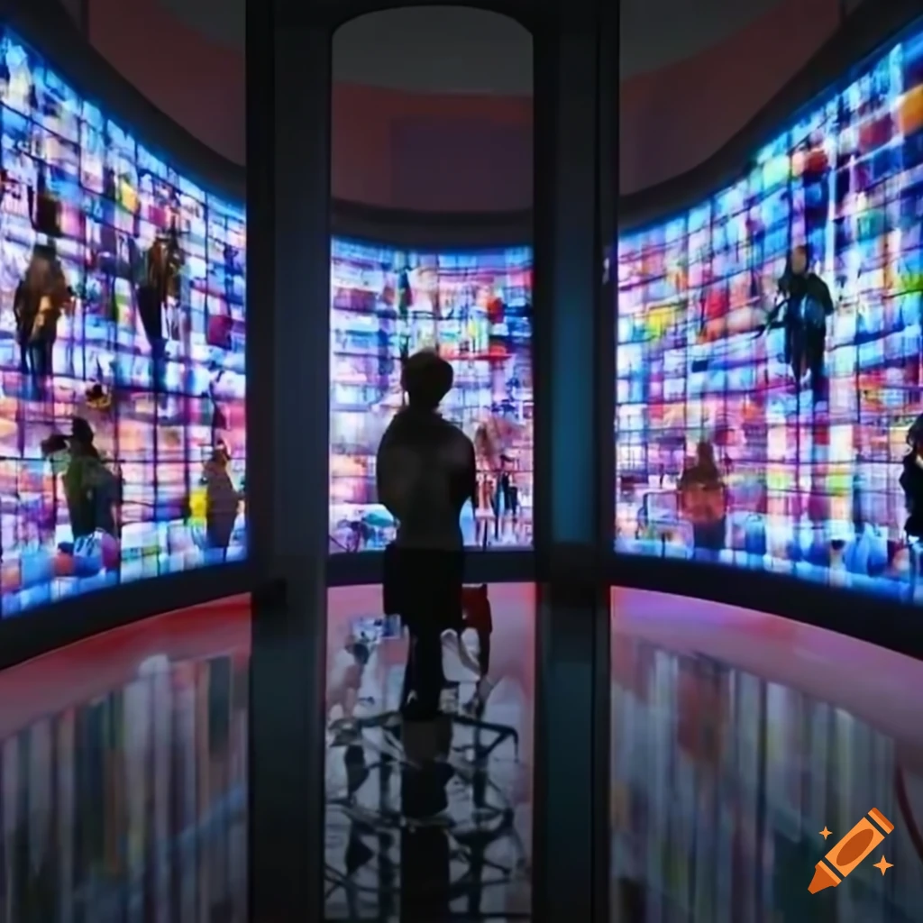 Artistic installation with overlapping TV screens displaying dreams on ...