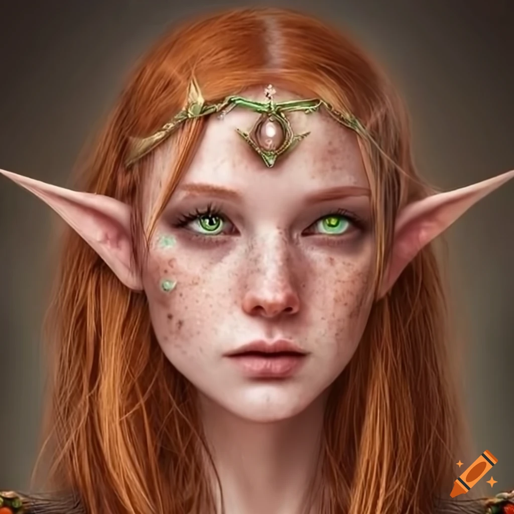 Art of a beautiful elven woman with auburn hair and green eyes on Craiyon