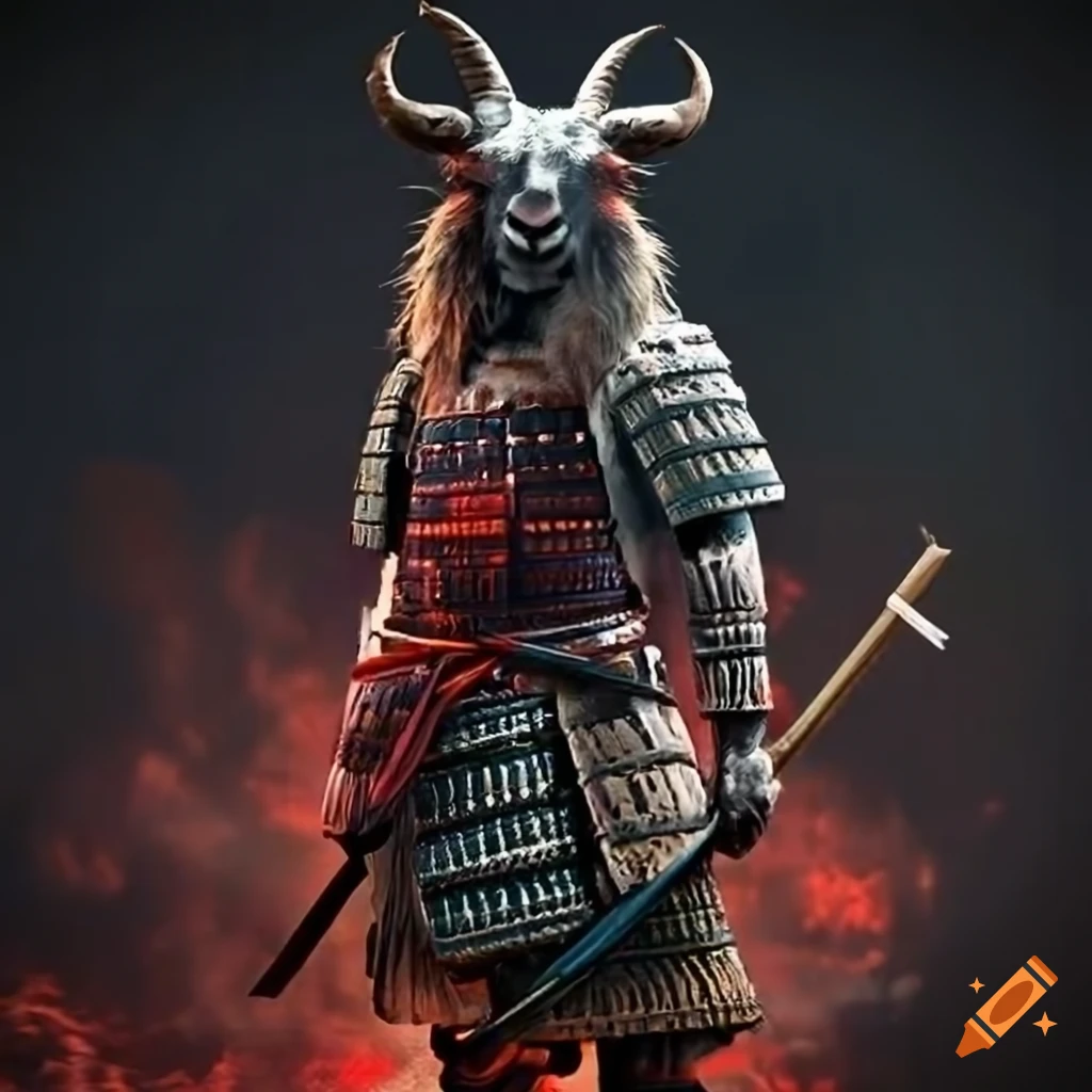 Illustration of a samurai goat warlord in a dark battlefield on Craiyon