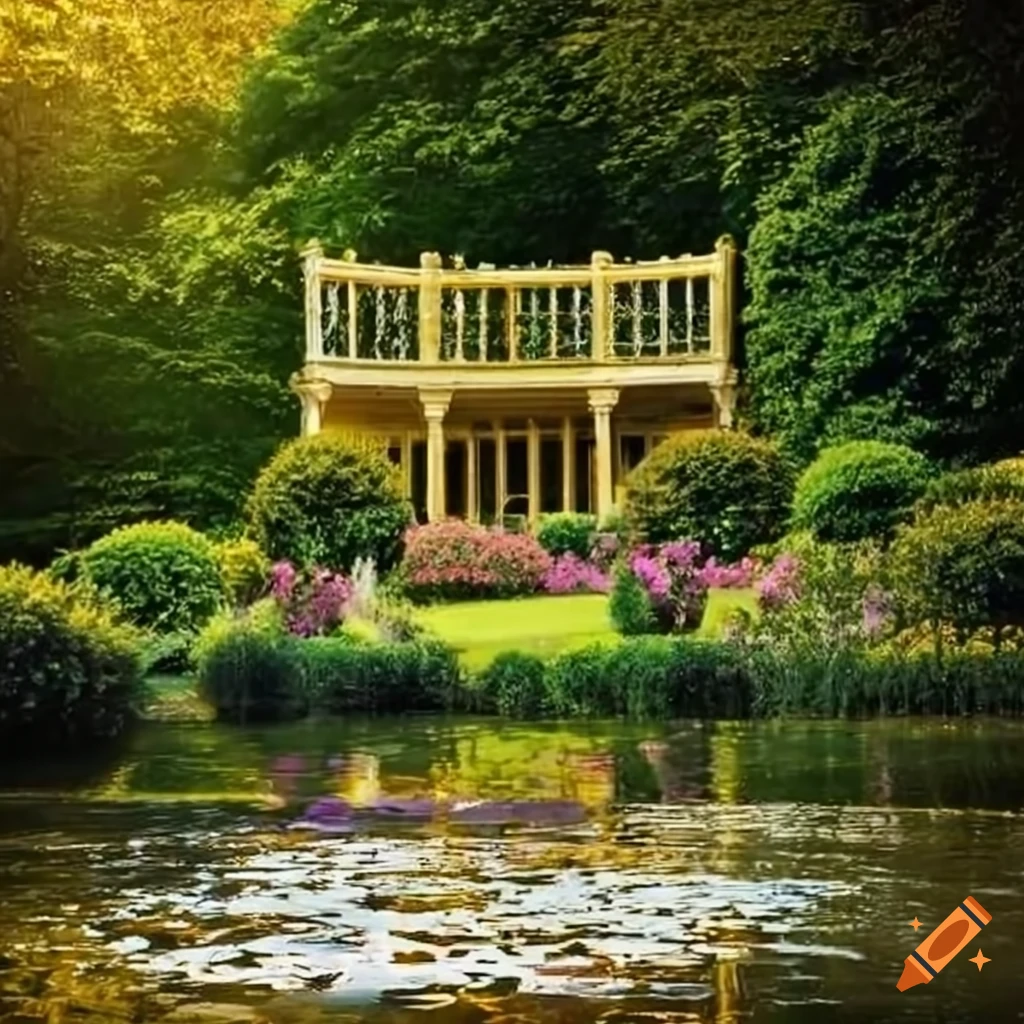 Golden rococo balcony overlooking a pond in a Victorian garden on Craiyon