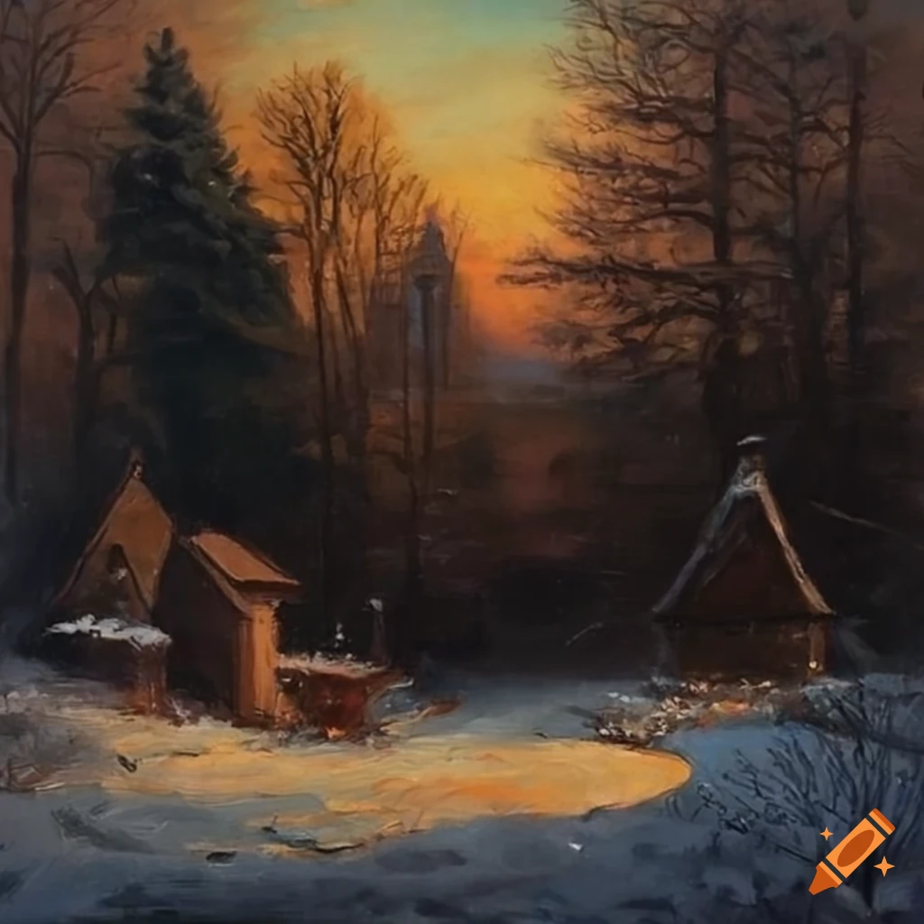 Moody winter scene painted in oils on Craiyon
