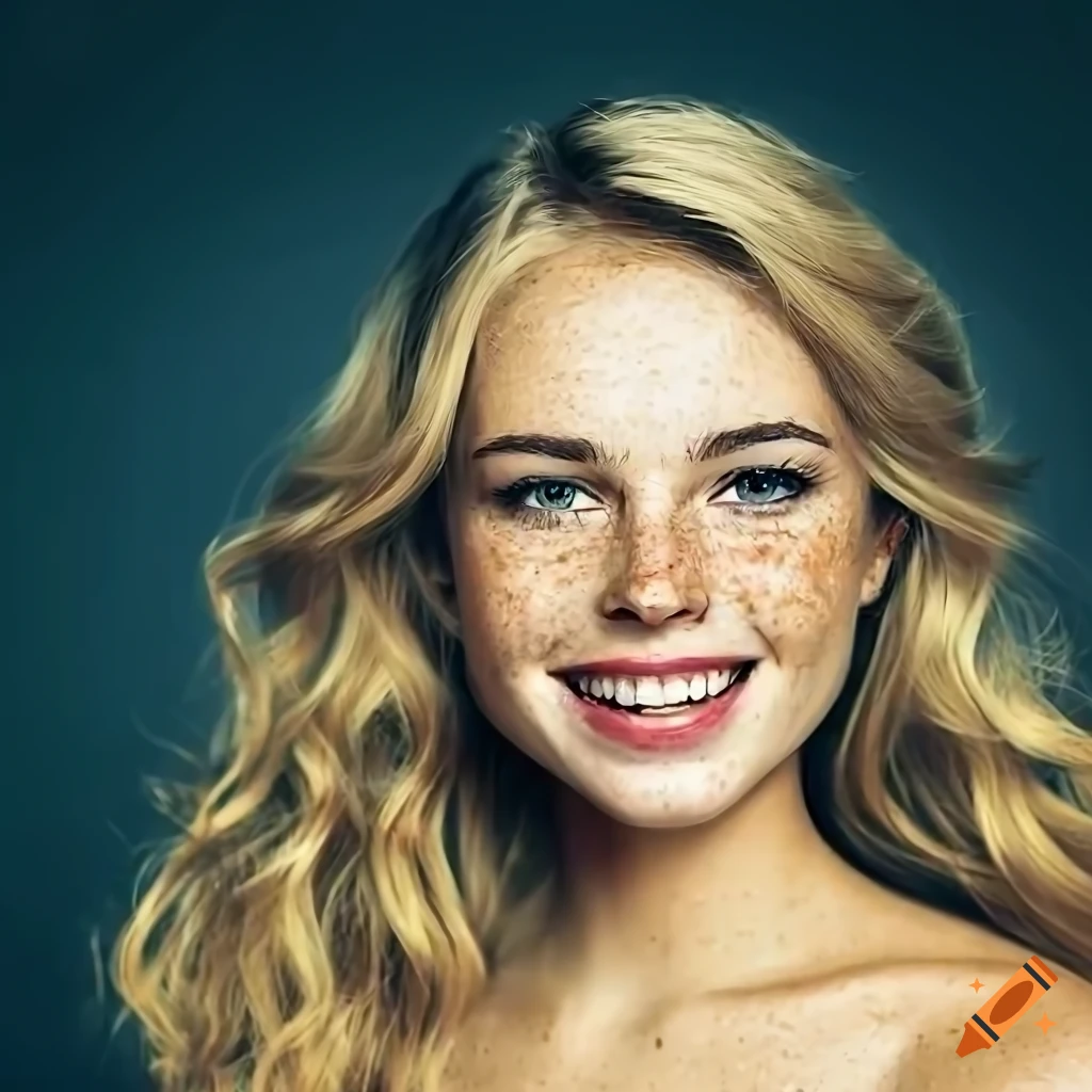 Portrait Of A Beautiful Young Woman With Freckles And Wavy Blonde Hair