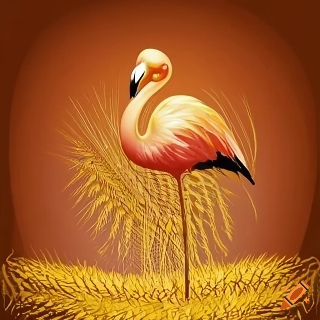 Golden flamingo standing in a barley field
