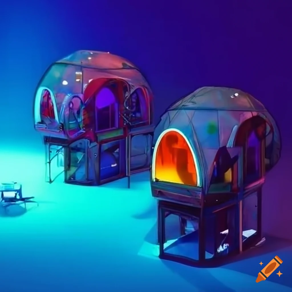 Retro futuristic space colony structures with colored glass on Craiyon