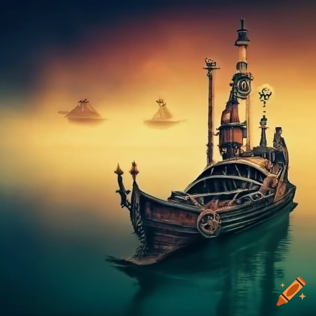 Surreal steampunk beach with ghostly machines