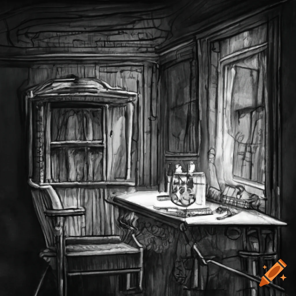 Sketch of a detective's room in 19th century England on Craiyon