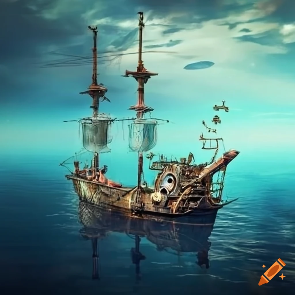 Steampunk boat sailing through a surreal sea on Craiyon