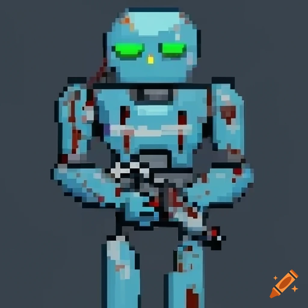 Pixel art of a damaged security bot on Craiyon
