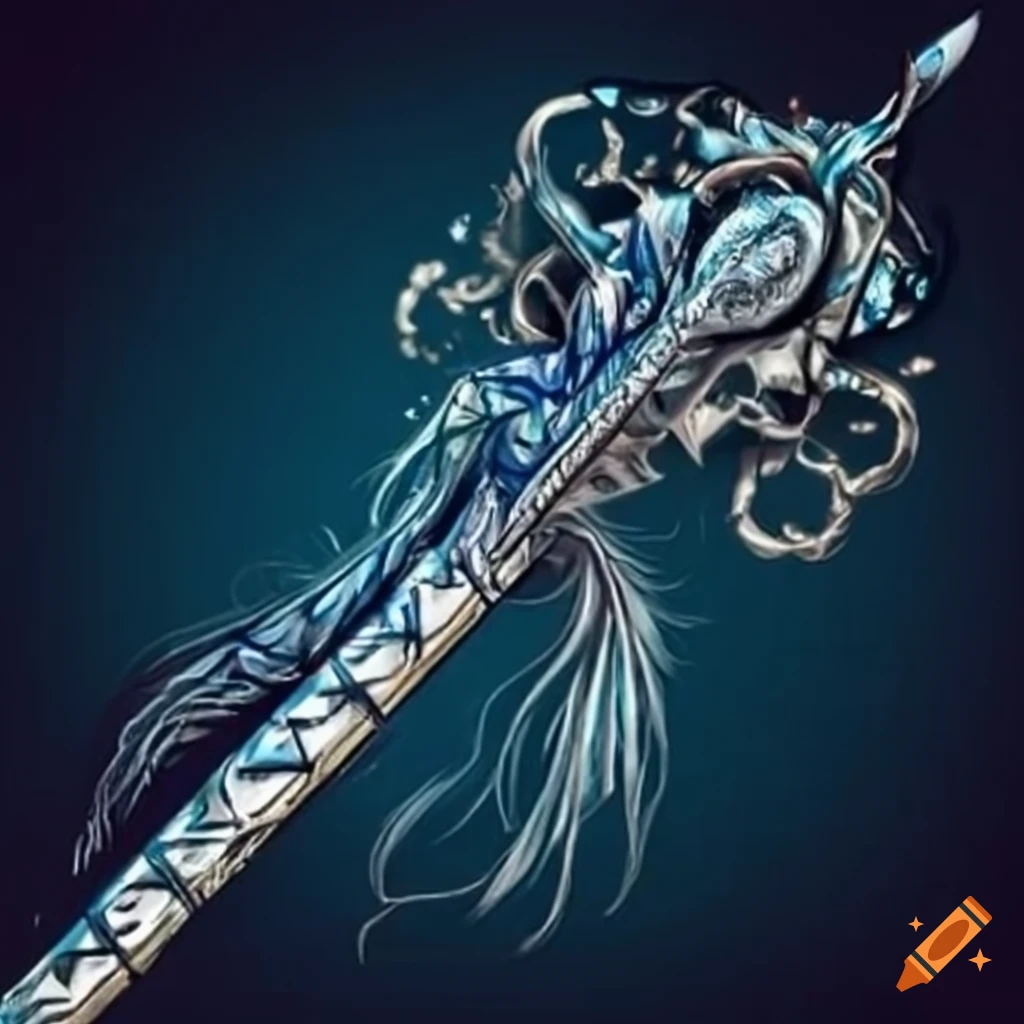 Black metal staff with diamond adornments and feather accents on Craiyon