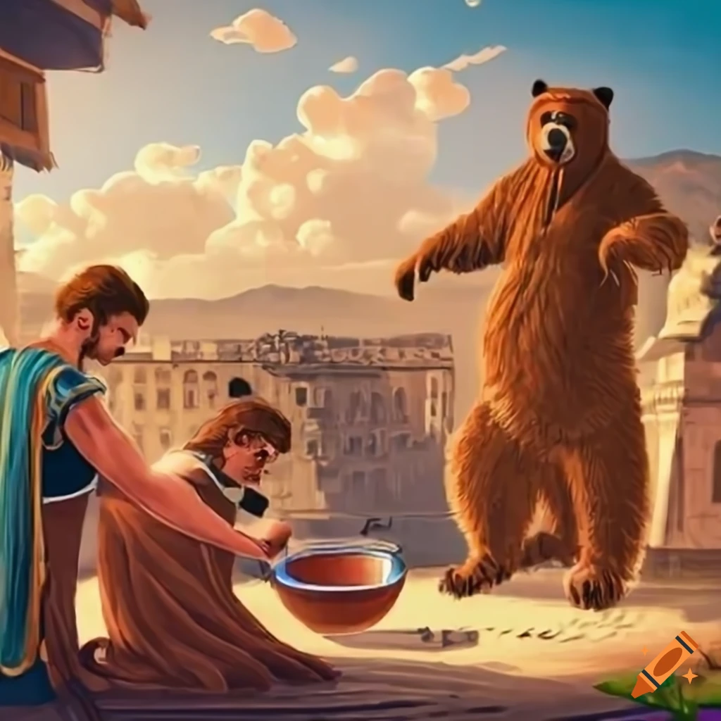 Comic strip of villagers feeding a bear in ancient Greece on Craiyon