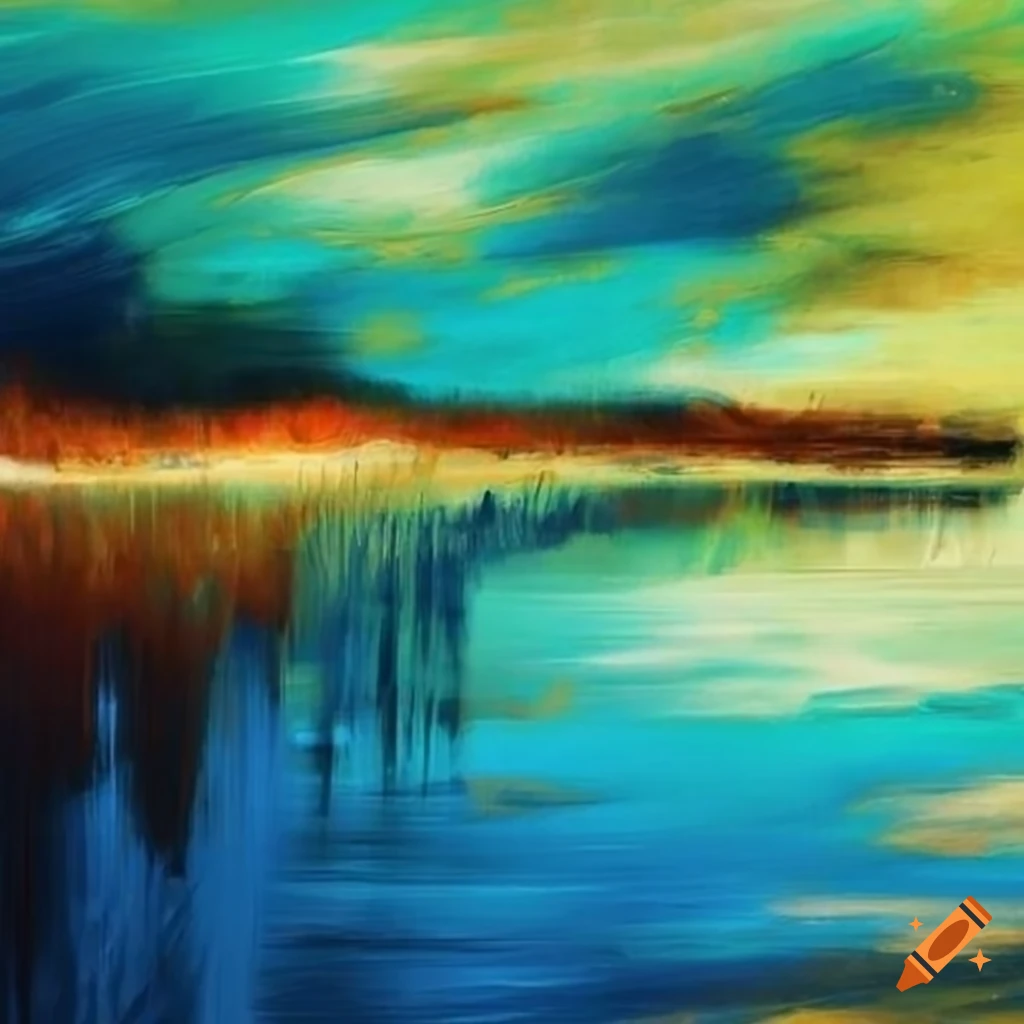 Abstract painting of trees and river reflections on Craiyon