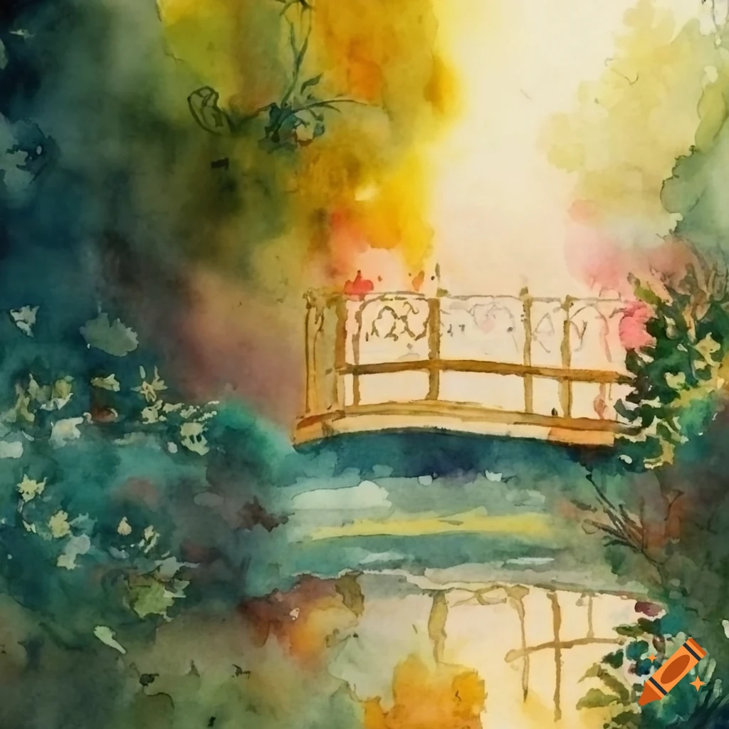 Watercolor painting of a victorian garden with a pink balcony and a ...