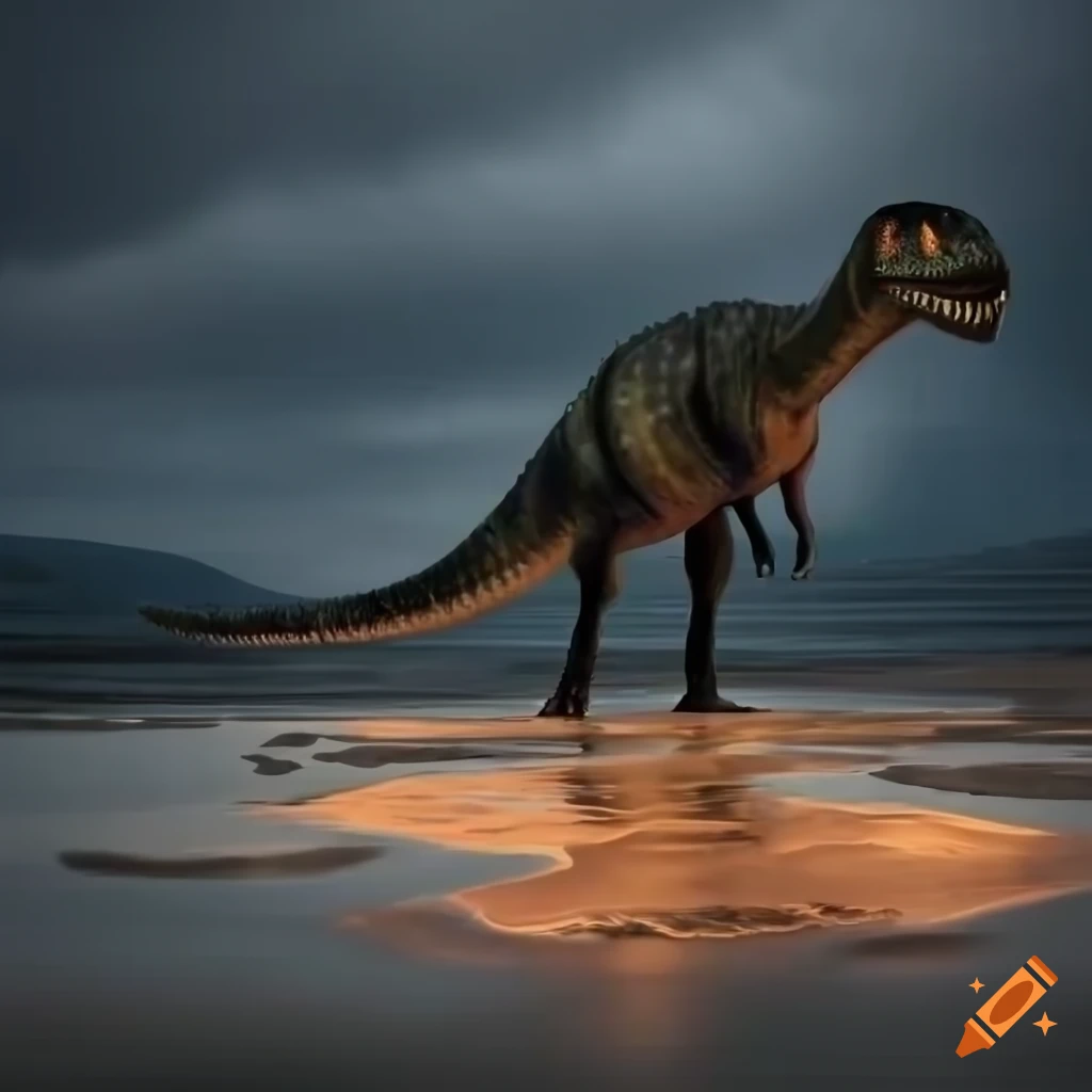 Spotted carnotaurus roaming along a floodplain in the morning on Craiyon