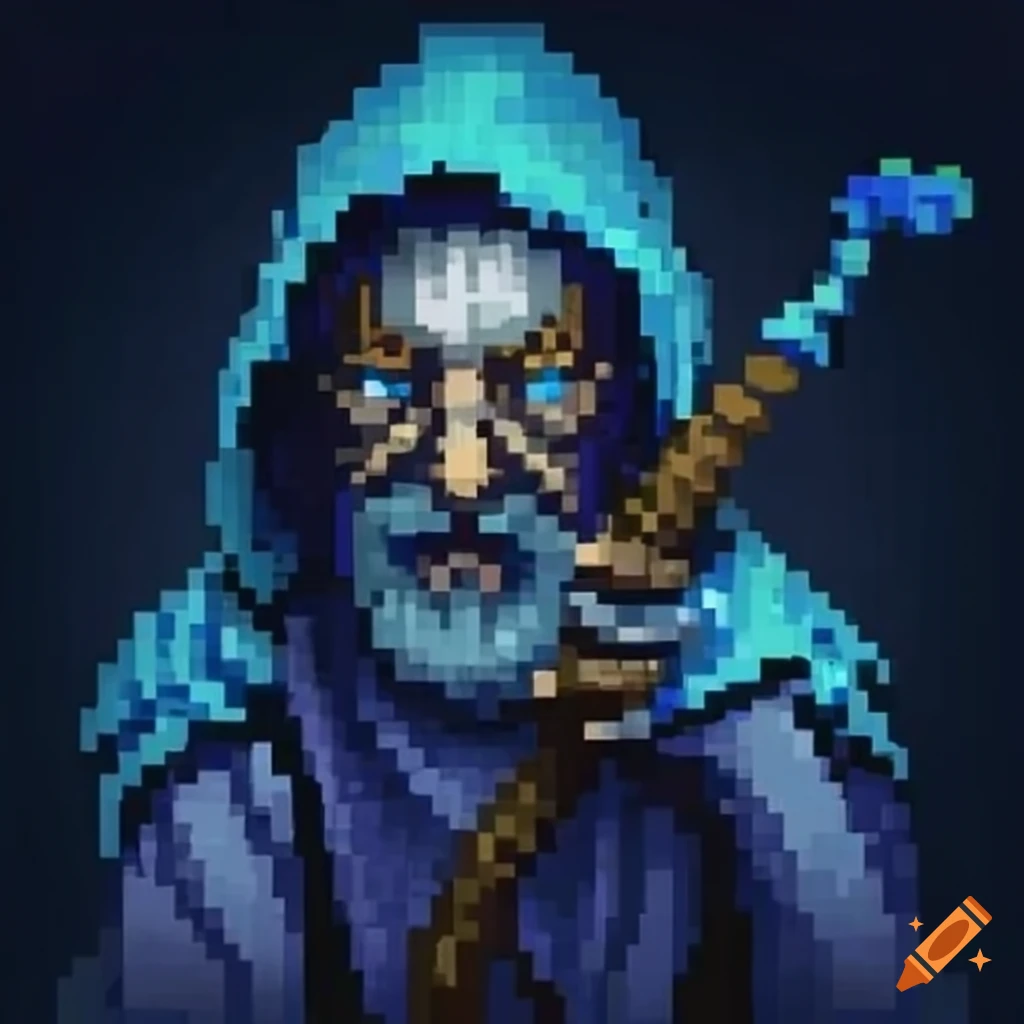 Pixel art of a wizard with a blue staff on Craiyon