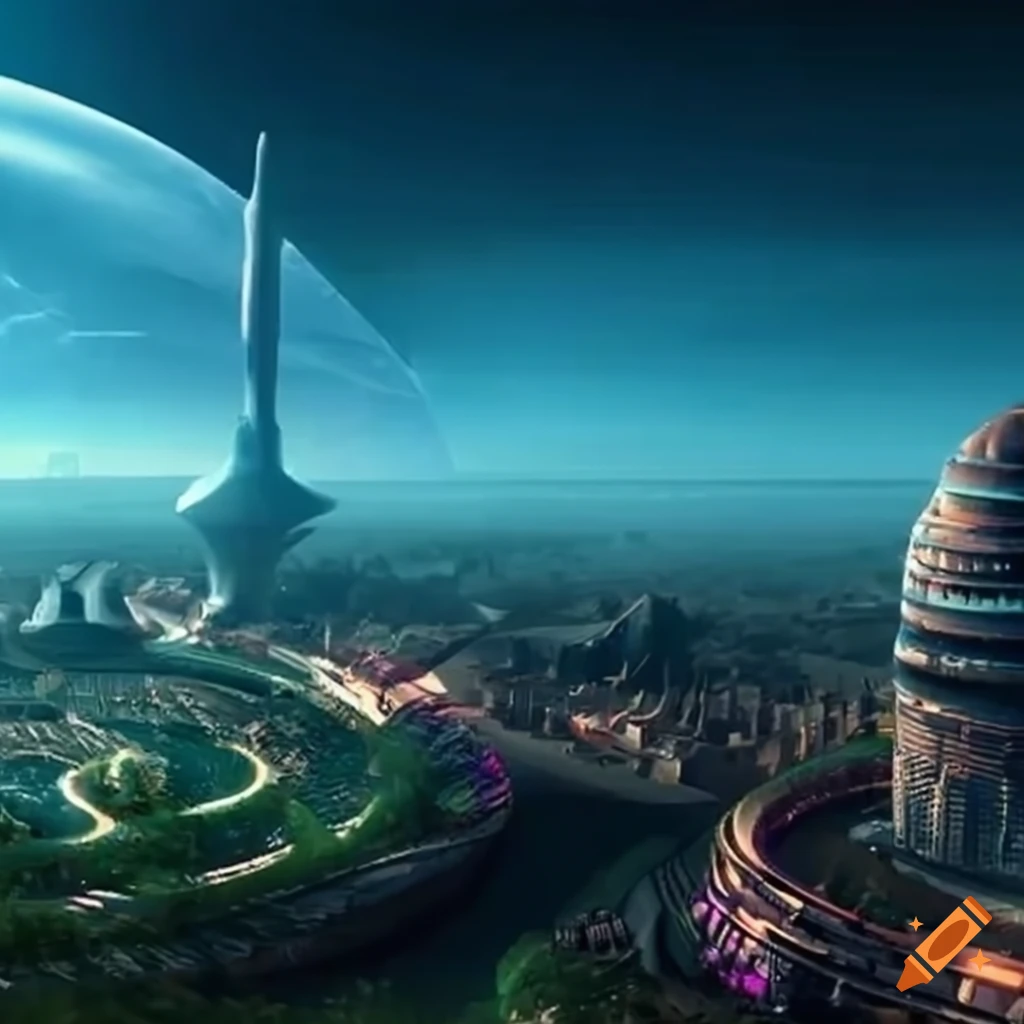 Futuristic mars city with green gardens