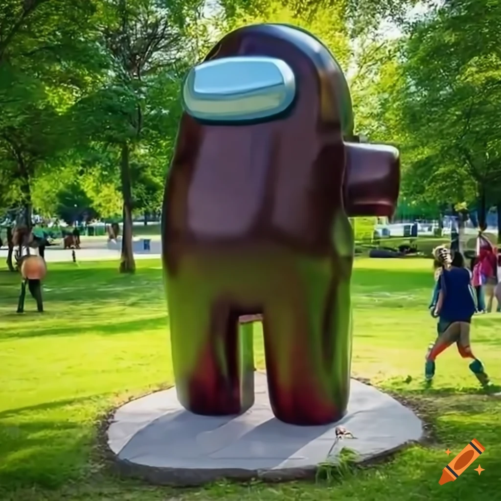 Giant statue of an Among Us crewmate in a city park on Craiyon