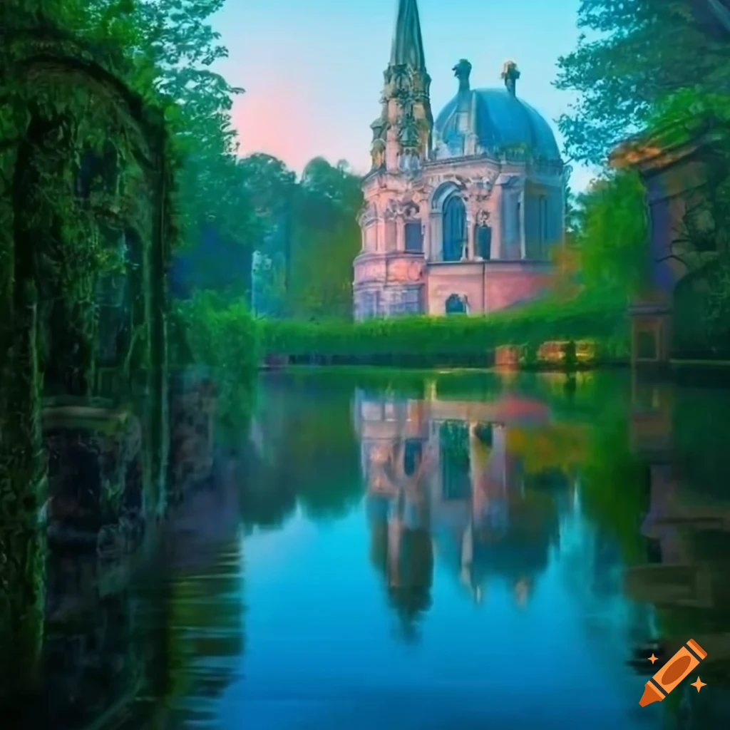 Monet's painting of a baroque balcony and stone fountain at dawn on Craiyon