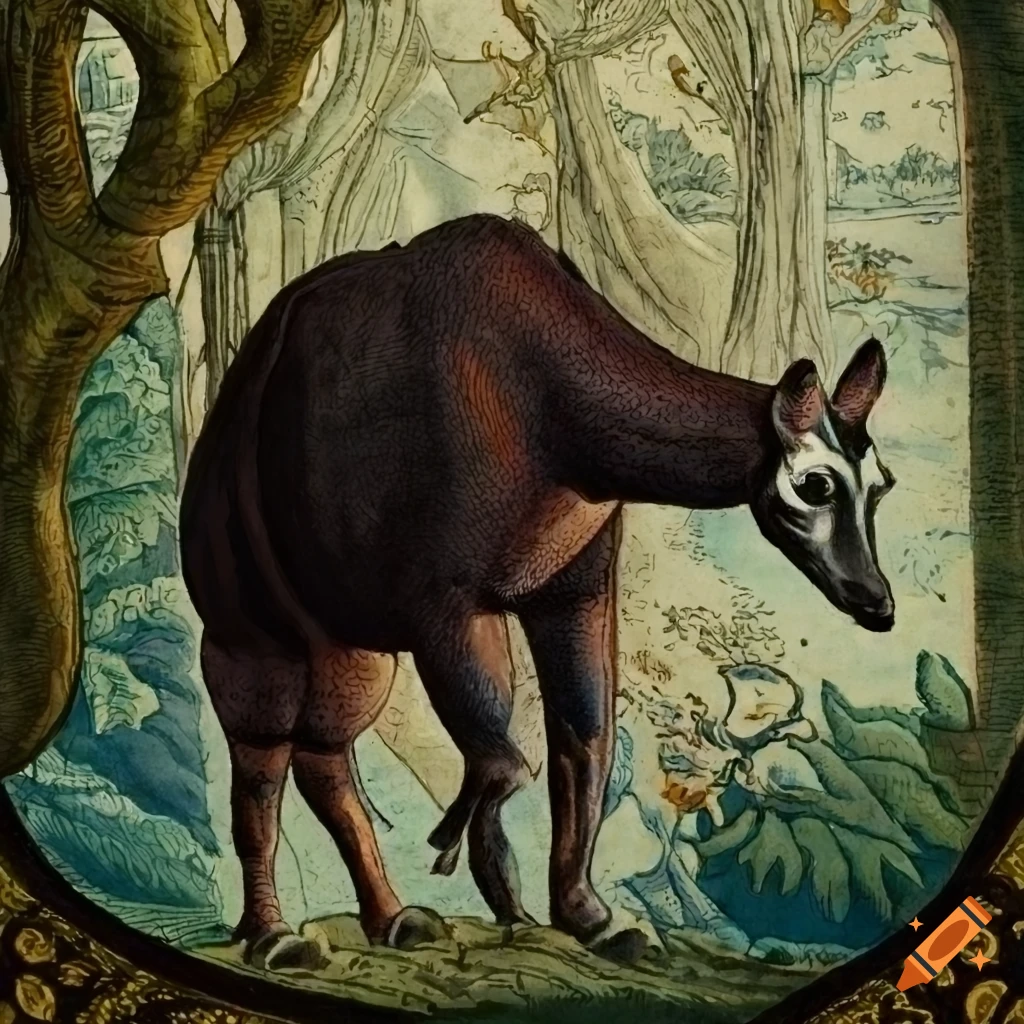 Color pen and ink illustration of a tapir-okapi hybrid in a lush ...