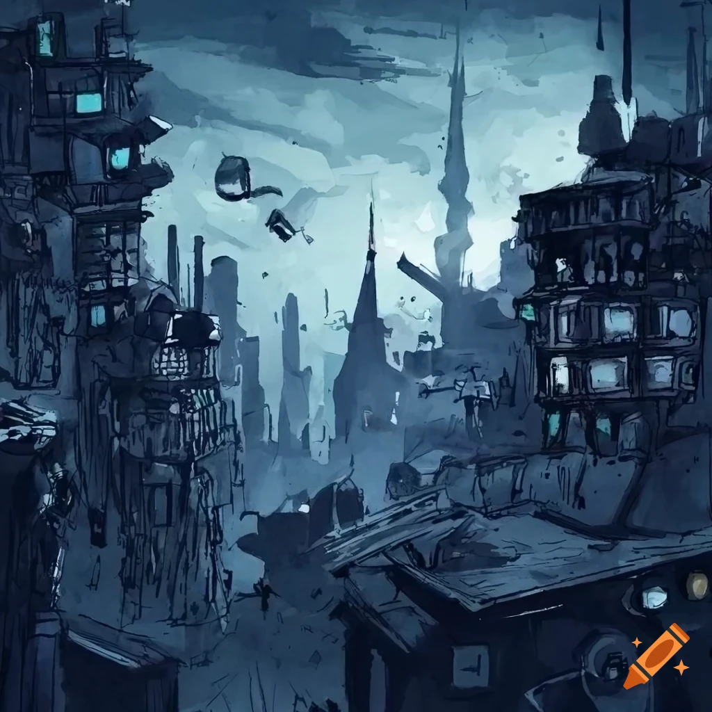 Night city illustration in steampunk cyberpunk style