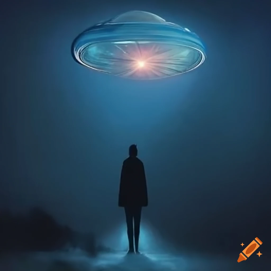 Ufo hovering over a foggy landscape with eerie lighting and tree ...