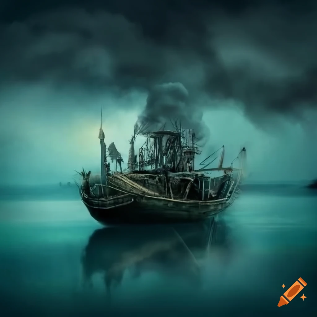 Hippie girl watching a flying pirate ship in a foggy forest on Craiyon