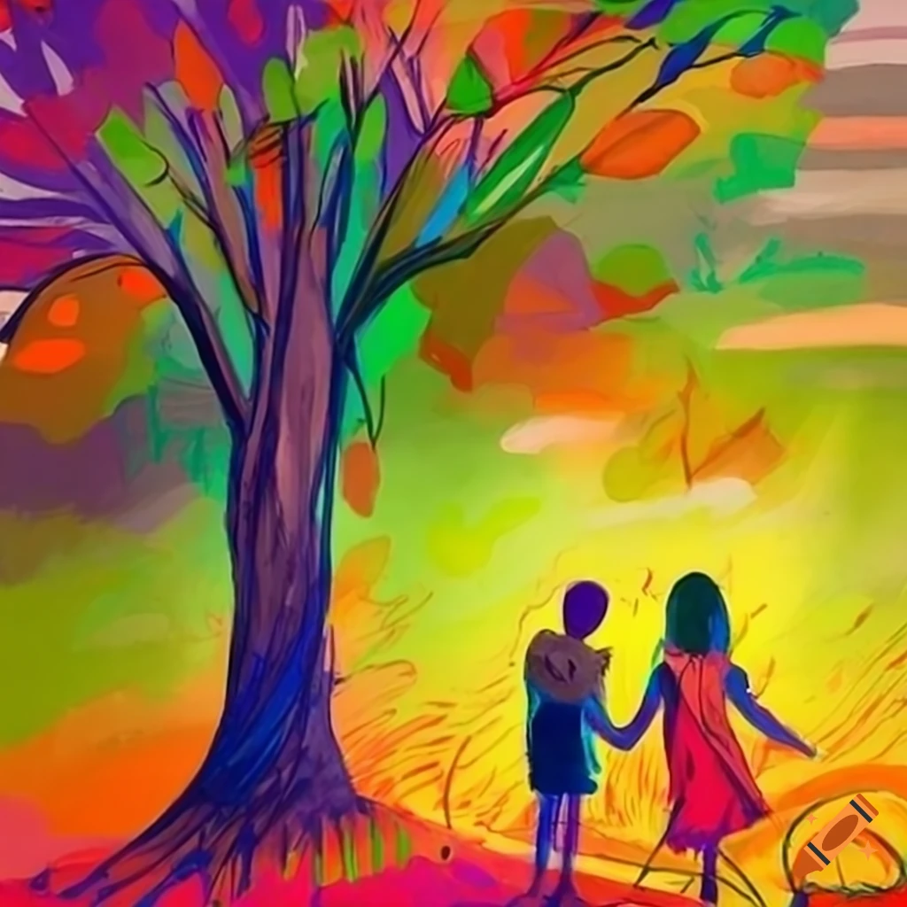 Pintura abstrata de uma família brincando na floresta on Craiyon