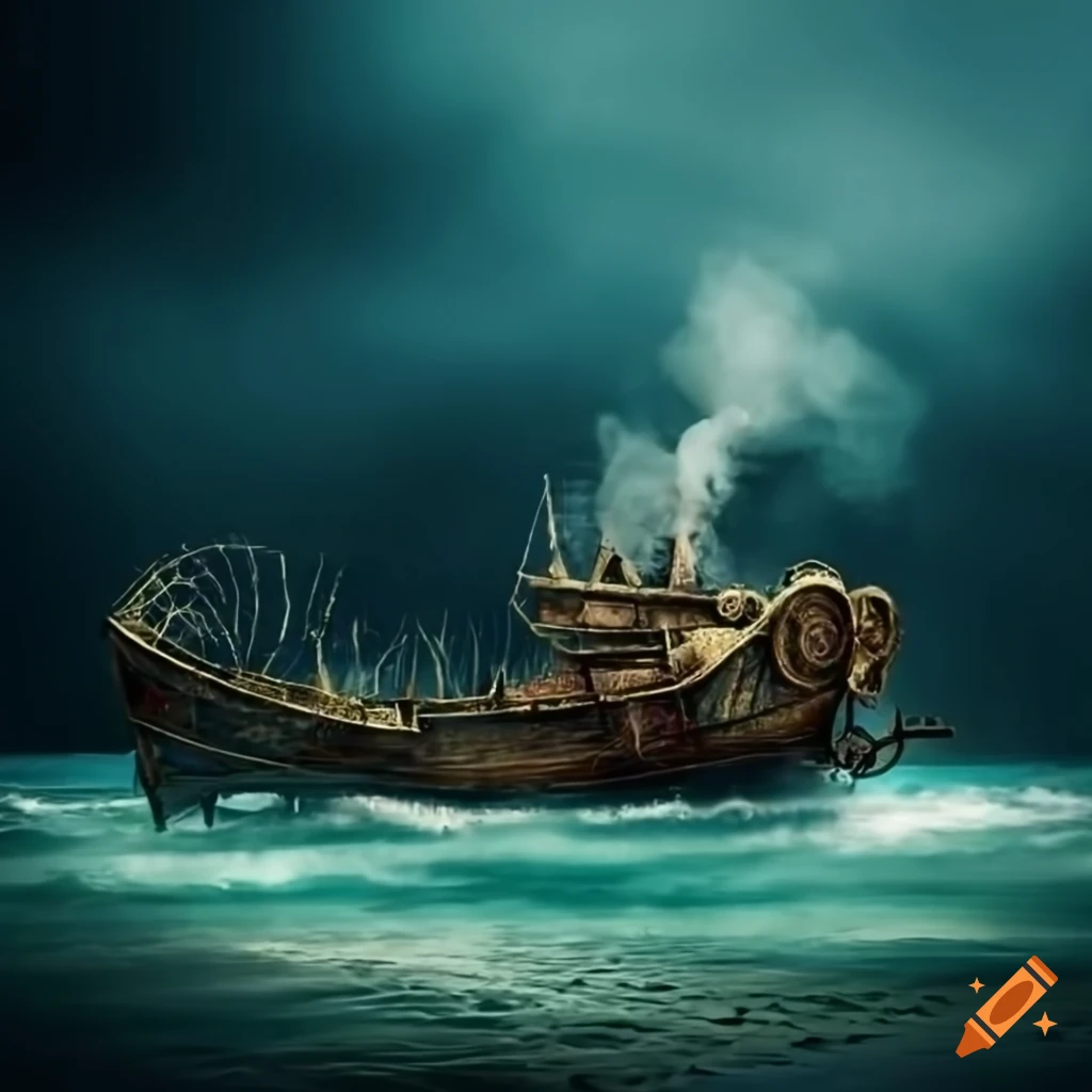 Surrealist steampunk artwork with beach and strange creatures on Craiyon
