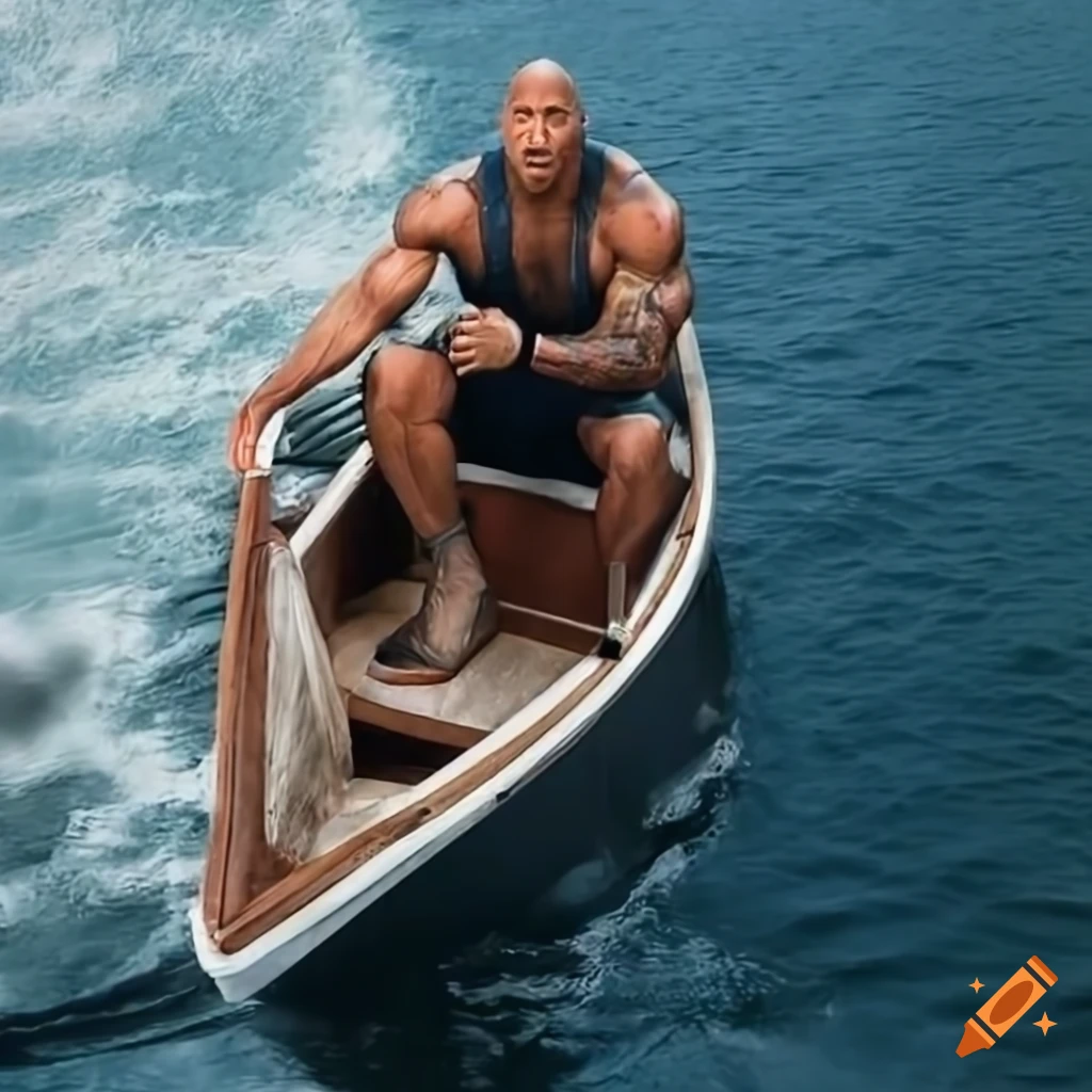 Photorealistic portrait of Dwayne Johnson in a boat on Craiyon