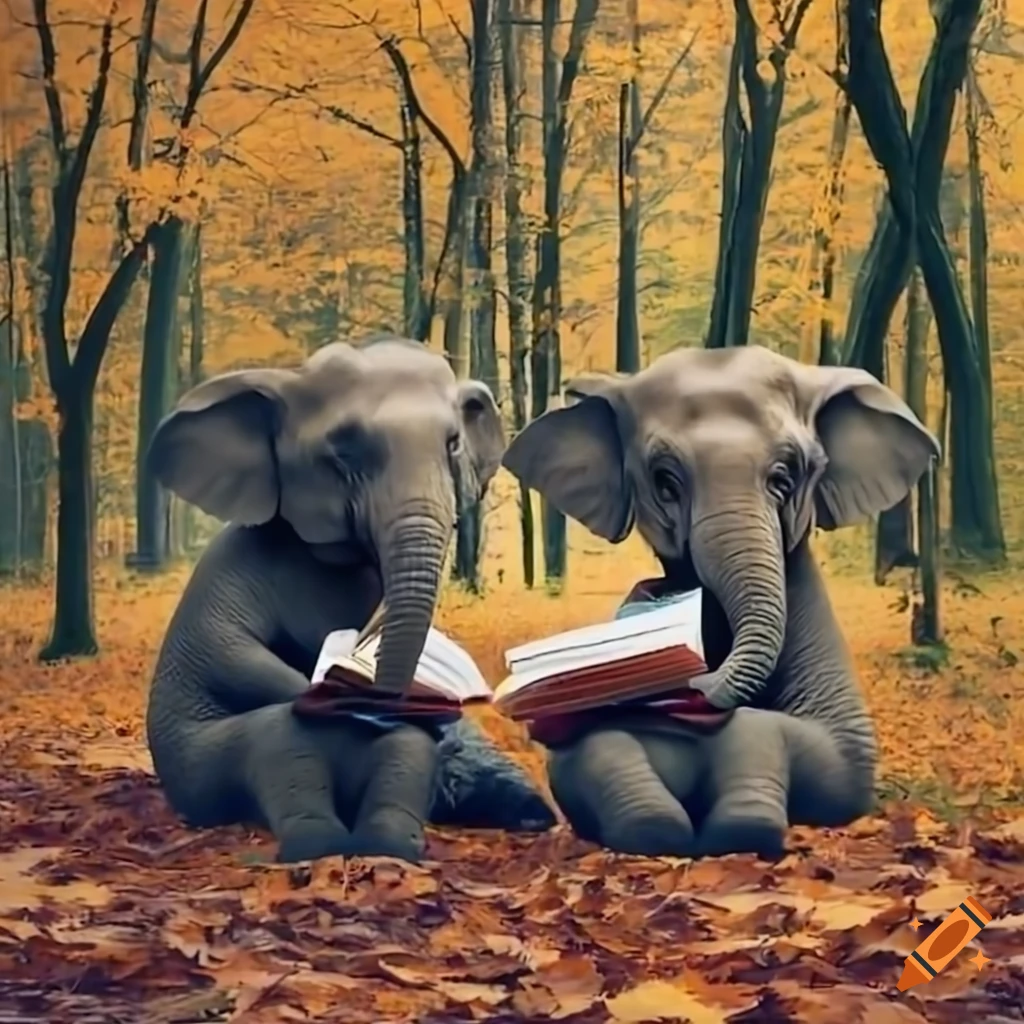 Elephants reading books in the forest during autumn on Craiyon