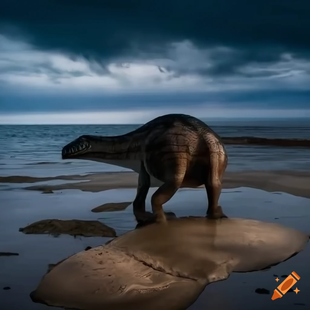 Paleoart of a Hadrosaurus walking on a beach on Craiyon