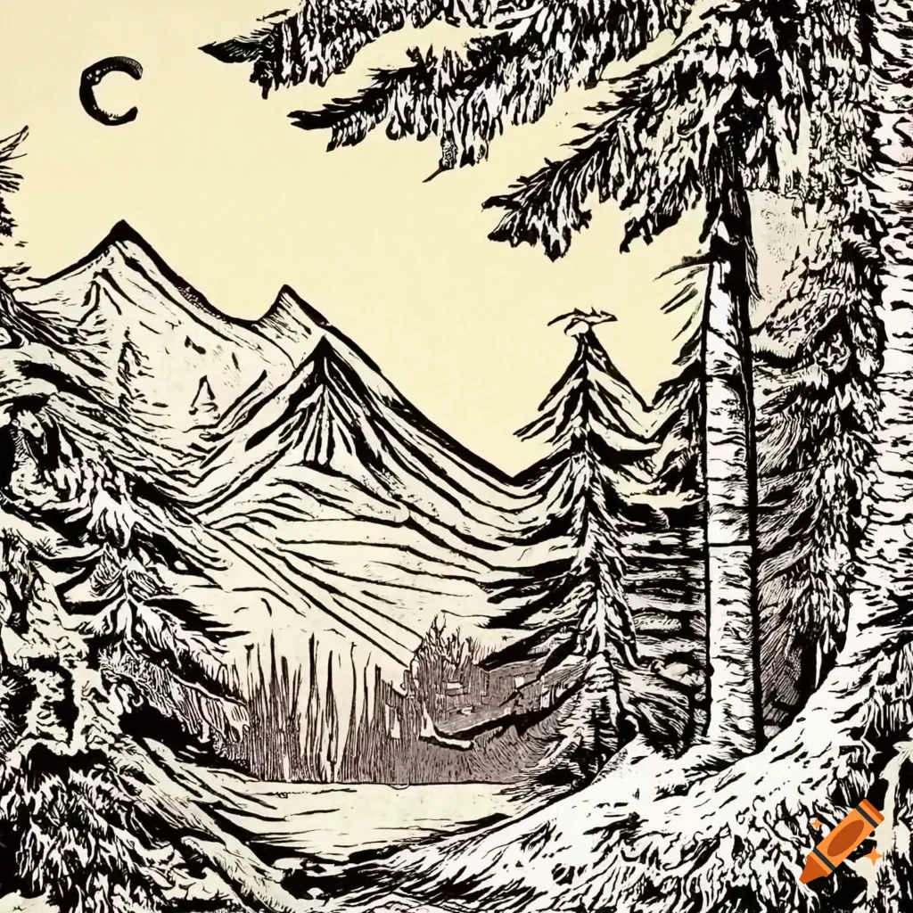 Woodcut drawing of a majestic mountain landscape