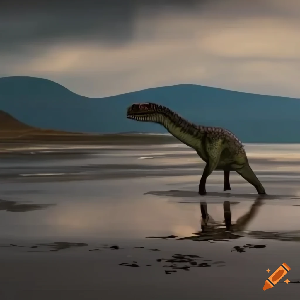 Paleoart of a Hadrosaurus dinosaur on a beach on Craiyon