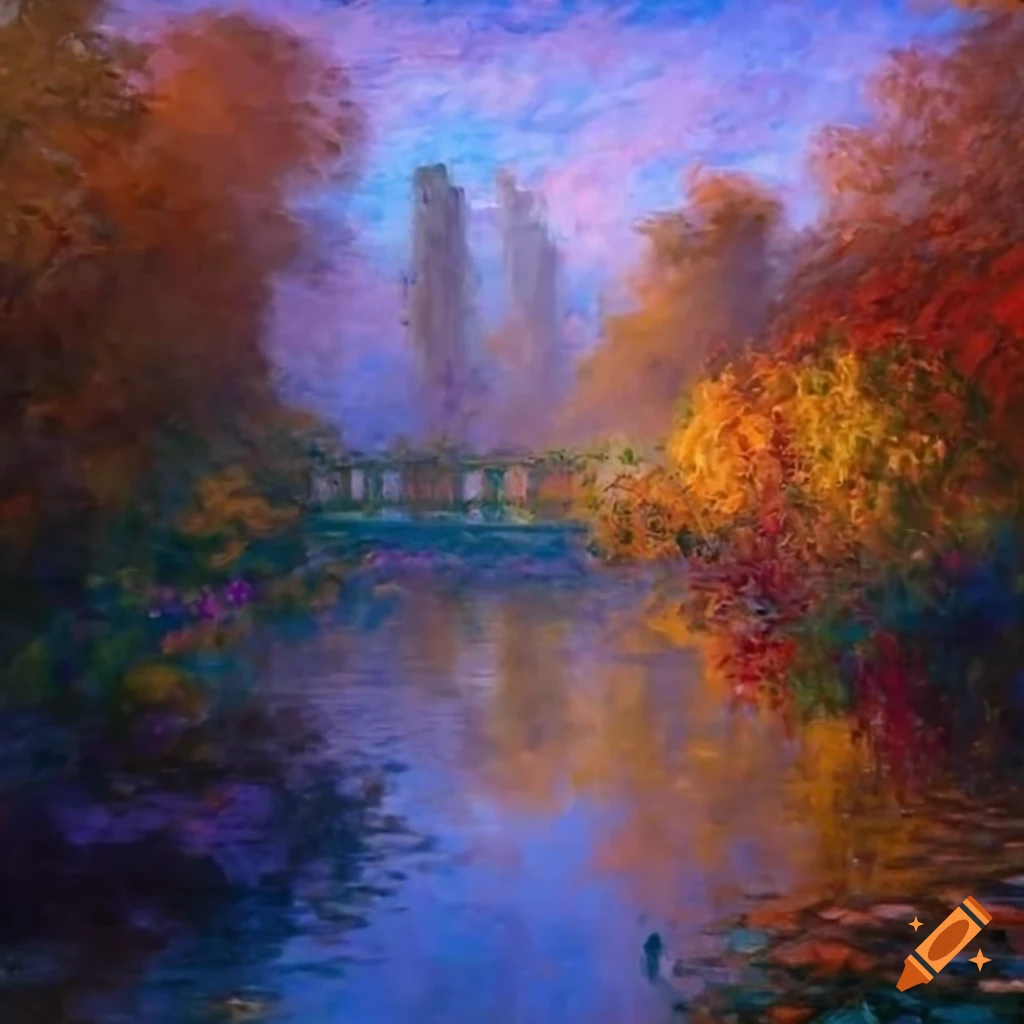 Impressionist painting of a garden with a pond and cathedral window on ...
