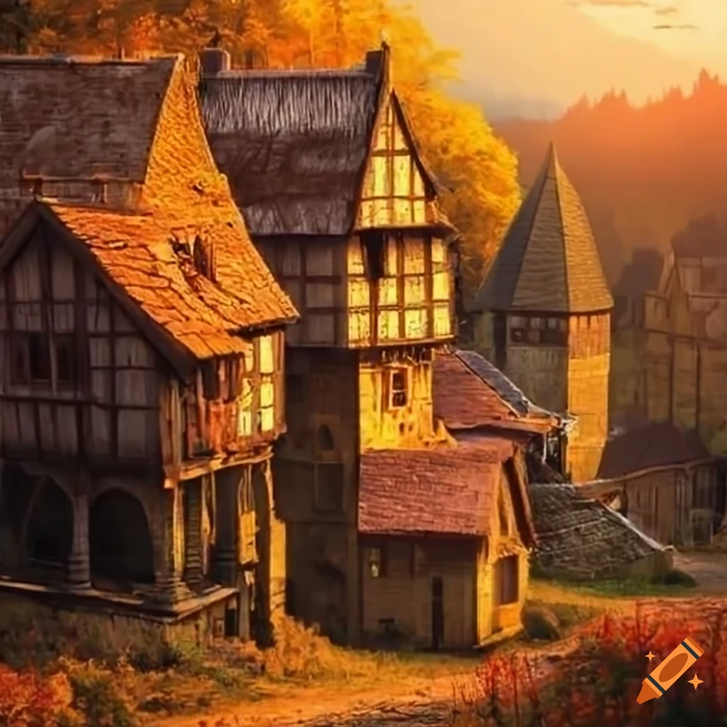 Medieval village nestled in a forest on Craiyon