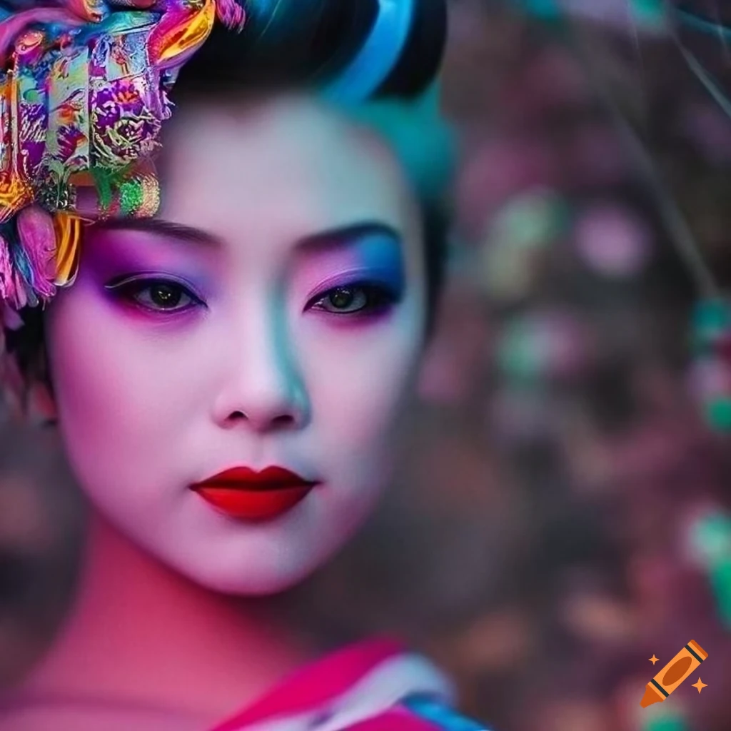 Hyperrealistic portrayal of a psychedelic geisha on Craiyon