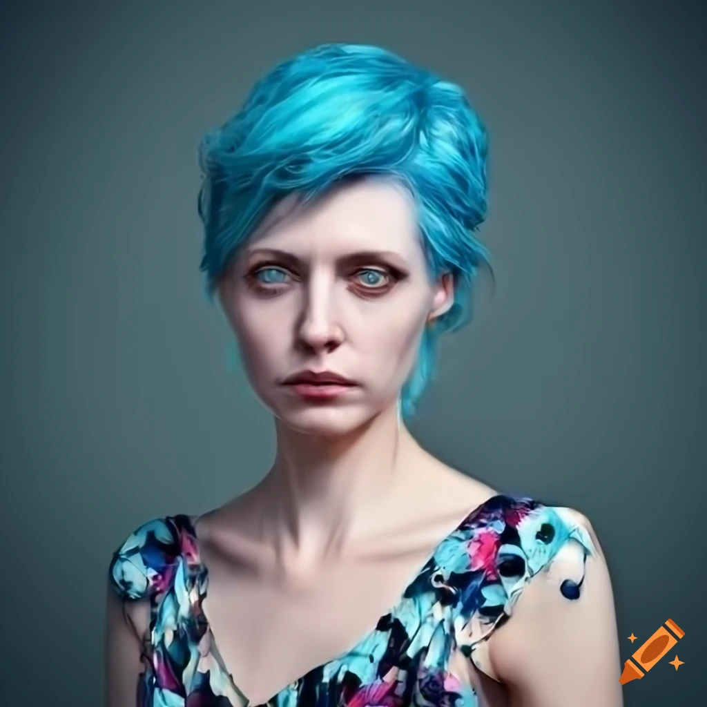 Portrait of a woman with blue hair and unique style