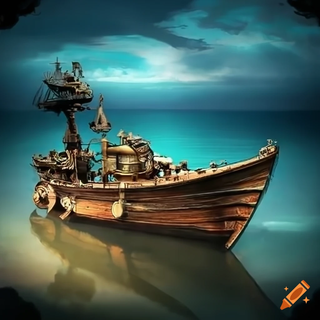 Surreal steampunk boat near a mysterious sea on Craiyon