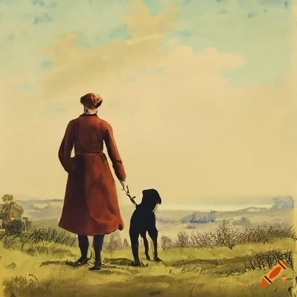 Vintage drawing of a person walking with a dog in the countryside on ...