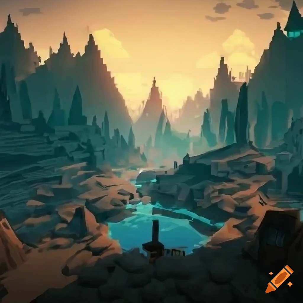 Intricate modular isometric concept art in outdoor nature setting on ...