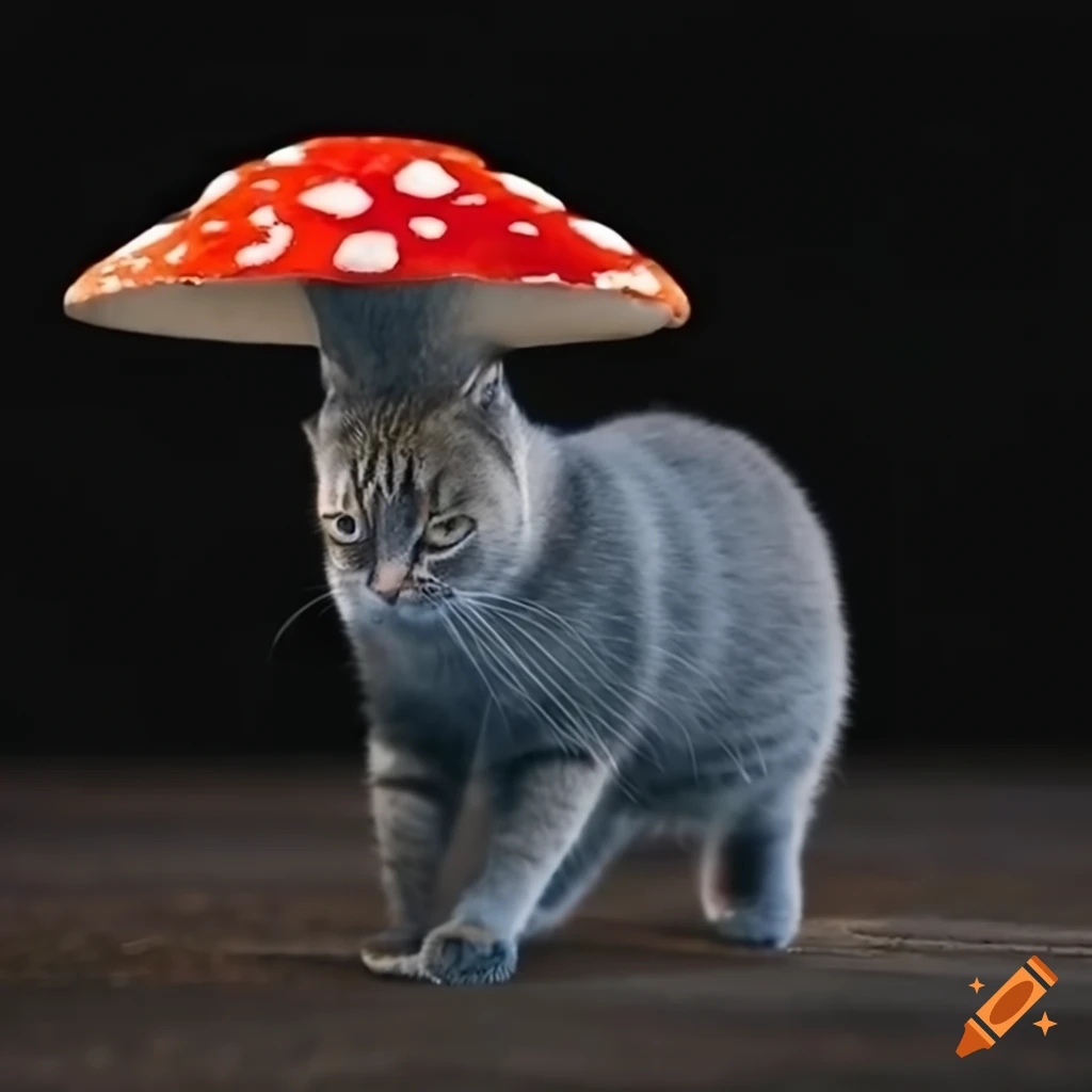 Blue cat with a mushroom hat on Craiyon